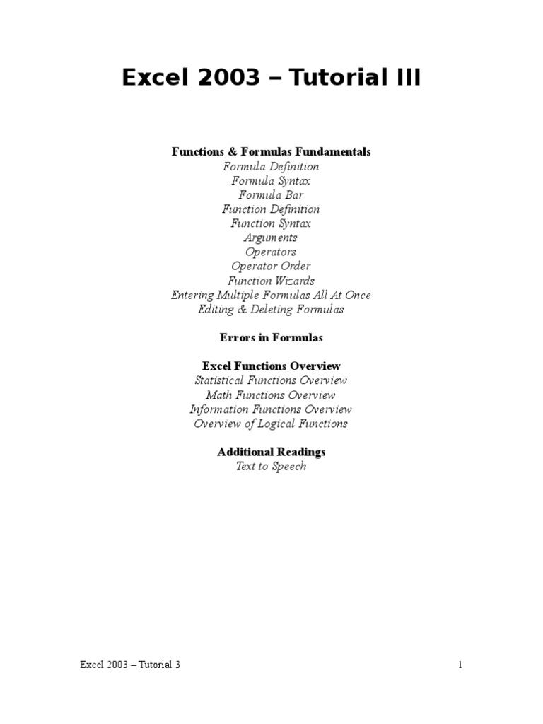 Excel 2003 - Tutorial 3 | PDF | Microsoft Excel | Formula