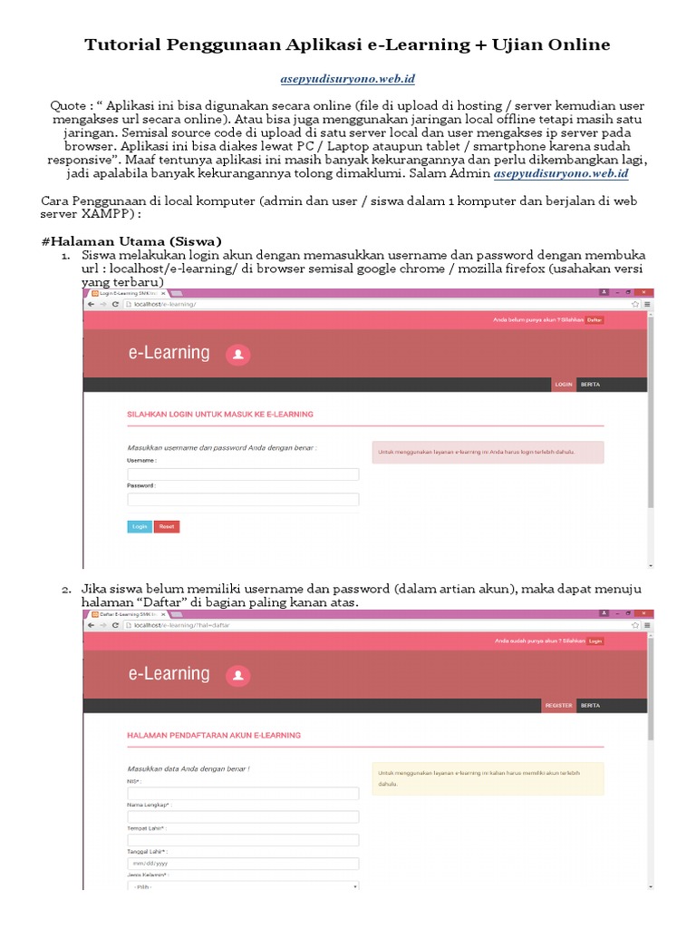 Cara Penggunaan Aplikasi E-Learning + Ujian Online by YukCoding | PDF