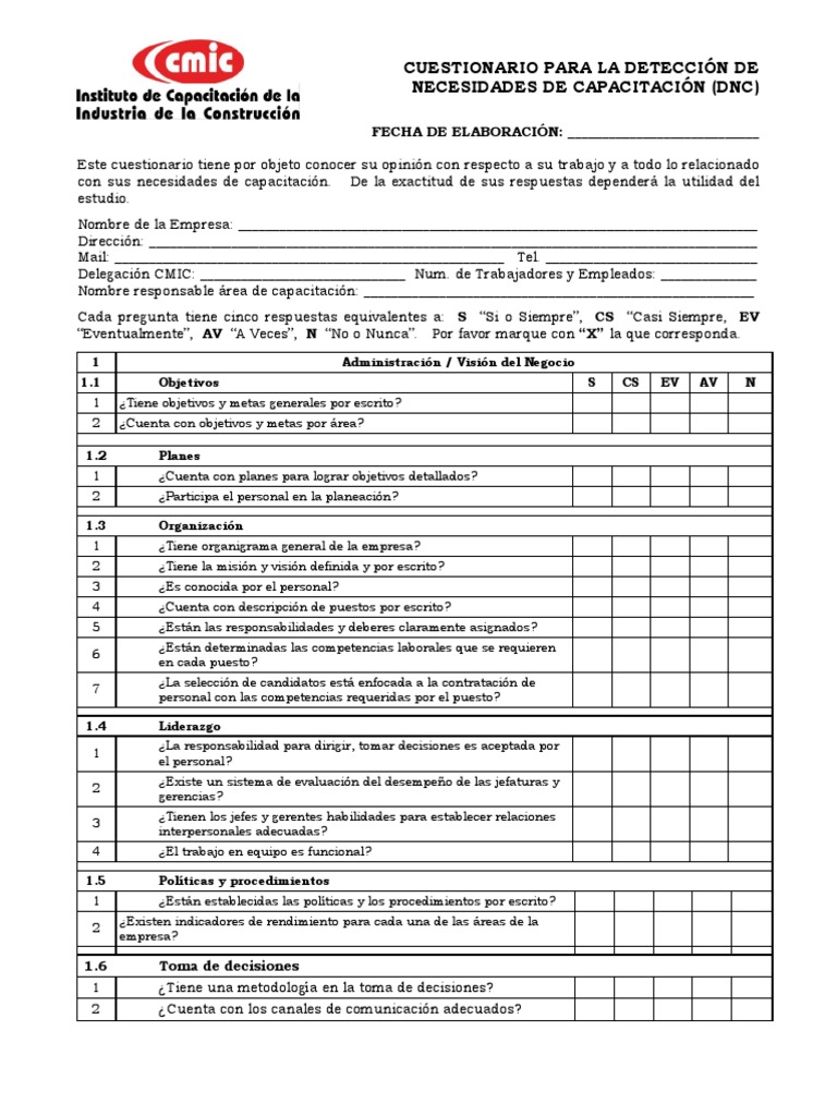 Cuestionario para La Detección de Un DNC | PDF | Planificación | Calidad (comercial)