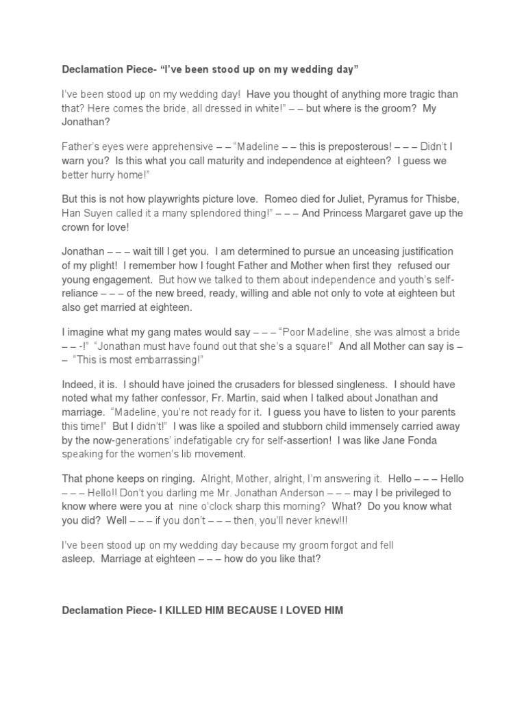 Declamation Piece-"I've Been Stood Up On My Wedding Day" | PDF | Public ...