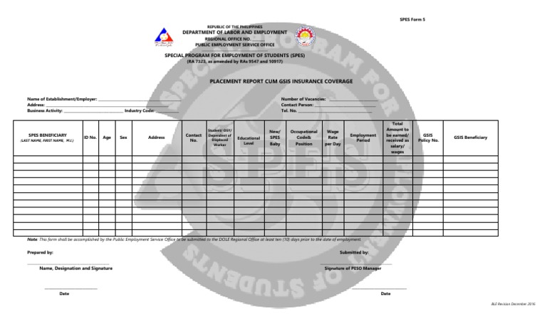 Spes Form 5 - Placement Report Cum Gsis - Dec2016 | PDF | Employment ...