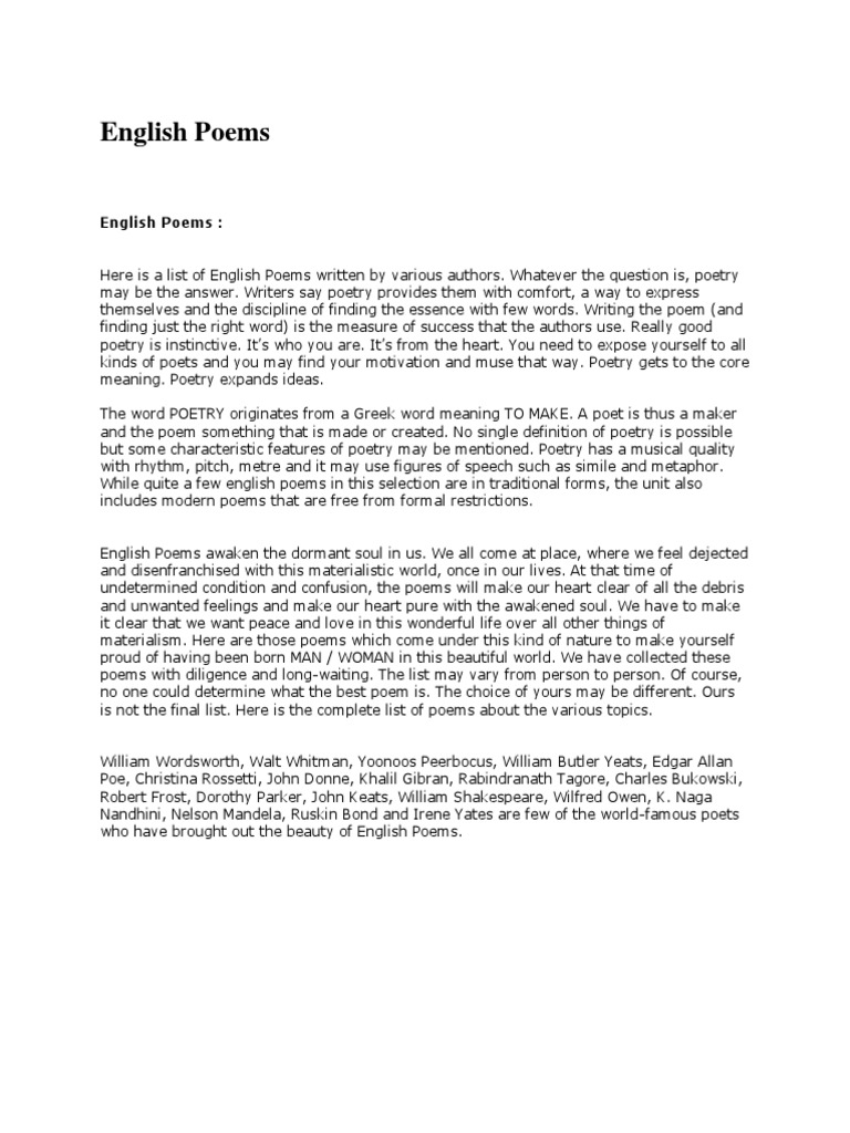 English Poems | PDF | Art | Poetry