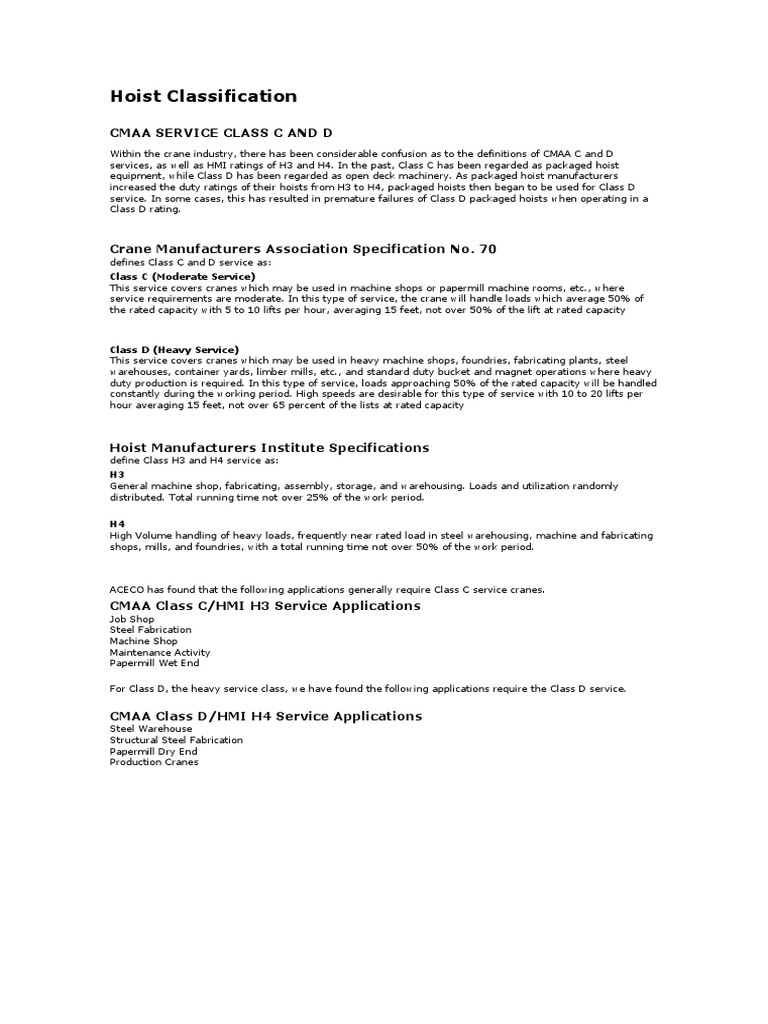 Hoist Classification: Cmaa Service Class C and D | PDF | Crane (Machine ...