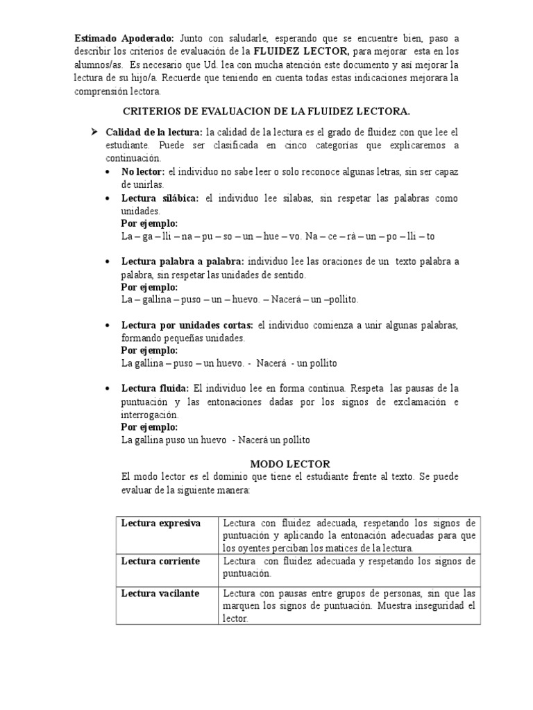 Evaluación de Fluidez Lectora Escolar | PDF | Lectura (proceso ...