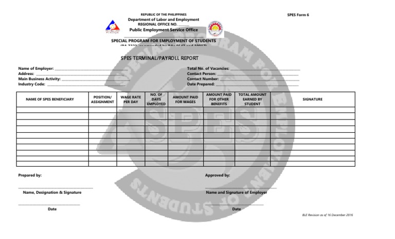 Spes Form 6 - Terminal - Payroll - Dec2016 | PDF | Working Conditions ...