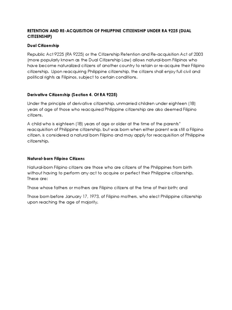 Retention and Re-Acquisition of Philippine Citizenship Under Ra 9225 (Dual Citizenship) Dual ...