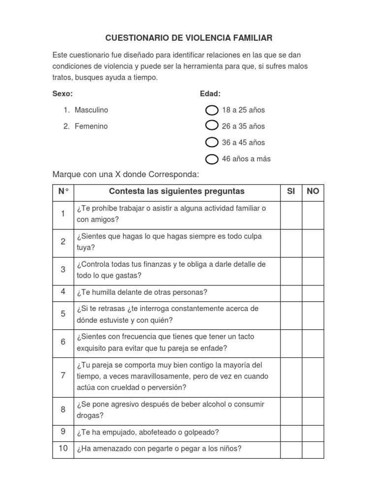 CUESTIONARIO DE VIOLENCIA FAMILIAR.docx | Violencia doméstica | Violencia CUESTIONARIO DE VIOLENCIA FAMILIAR.docx | Violencia doméstica | Violencia