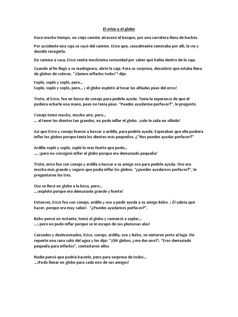 El erizo y el globo: cuento infantil | PDF