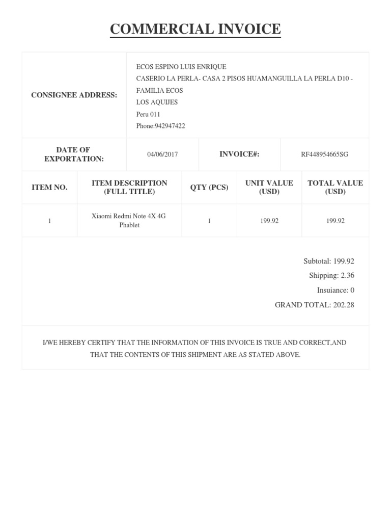 Commercial Invoice: Consignee Address | PDF