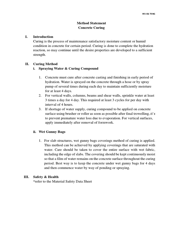 Method Statement Concrete Curing REV01 | Concrete | Water