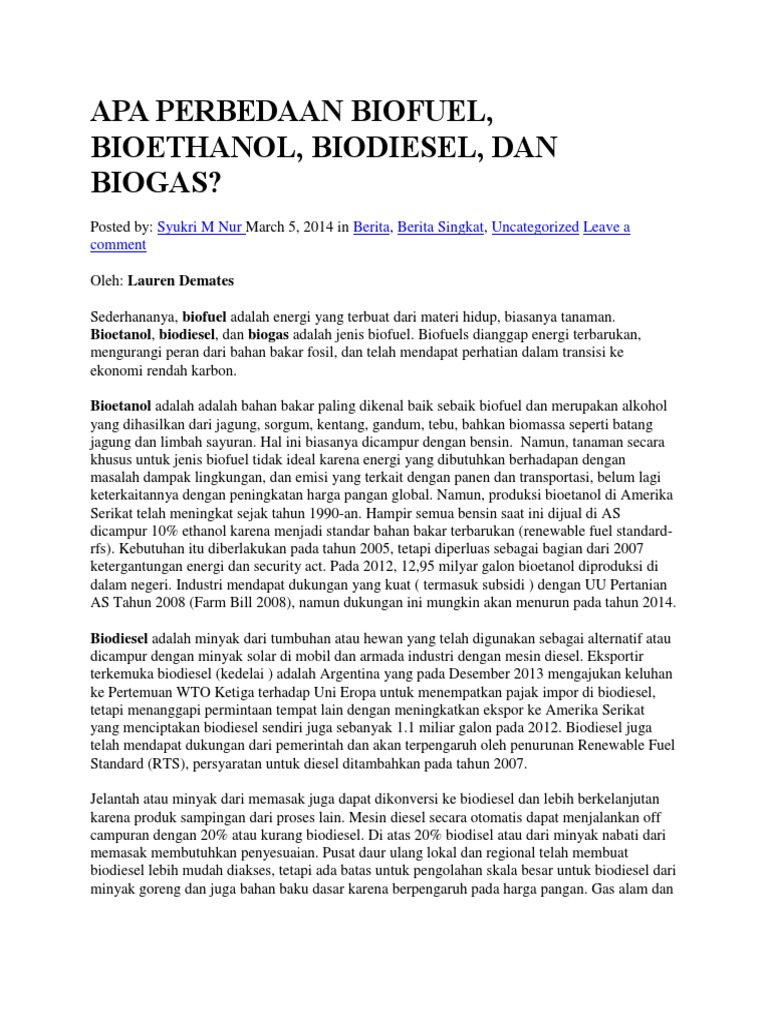 Apa Perbedaan Biofuel | PDF