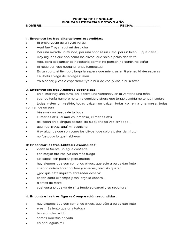 Prueba Figuras Literarias Octavo | PDF | Metáfora