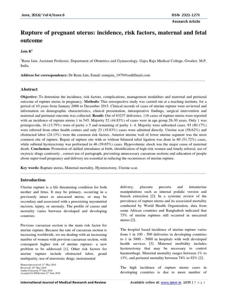 Rupture of Pregnant Uterus: Incidence, Risk Factors, Maternal and Fetal ...