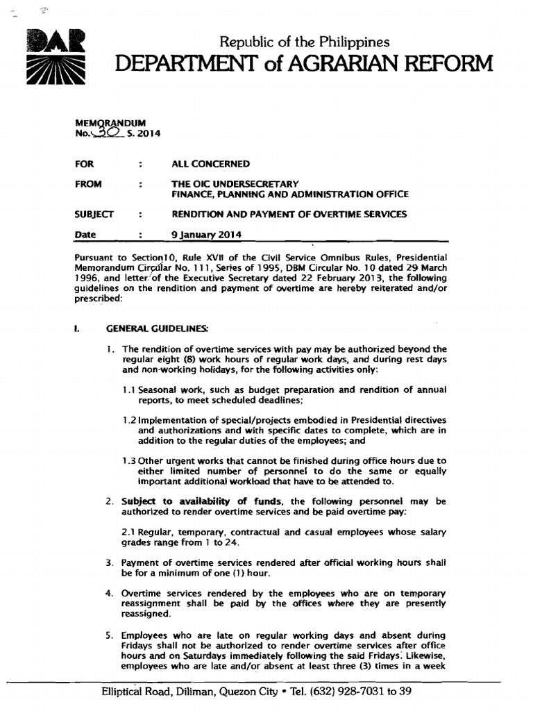 Memo 30 s14 Rendition and Payment of Overtime Services PDF | PDF ...