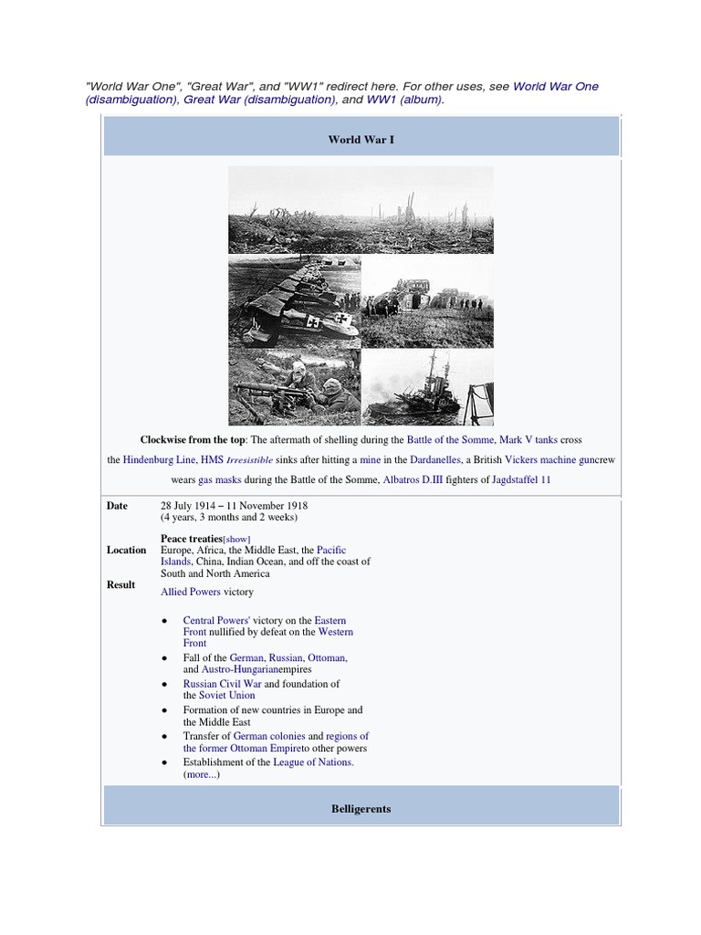 "World War One", "Great War", and "WW1" Redirect Here. For Other Uses ...
