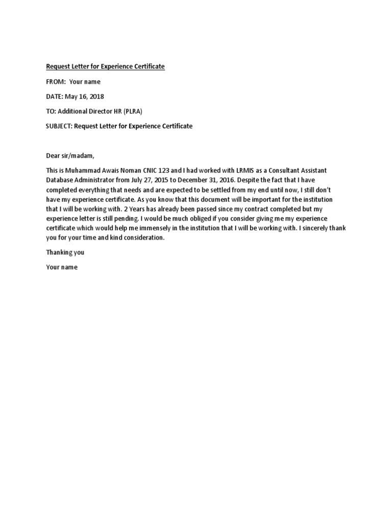 Request Experience Certificate Letter Sample | PDF