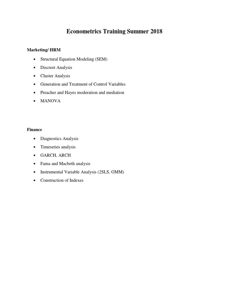 Econometrics Training Summer 2018 | PDF