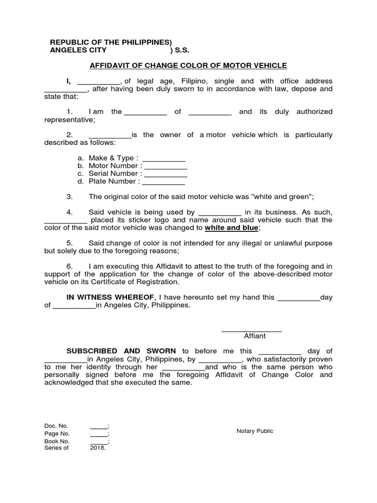 Affidavit of Change Color of Vehicle | PDF