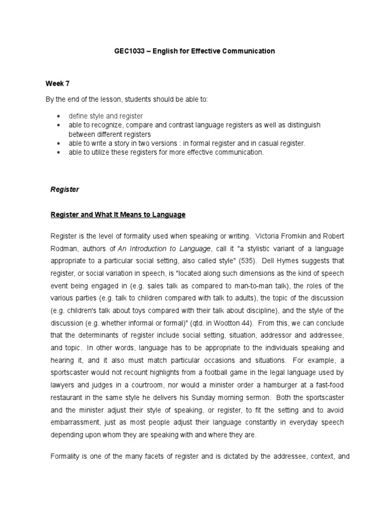 Week 7 - Handout 1 - Style and Register | PDF | Slang | Conversation