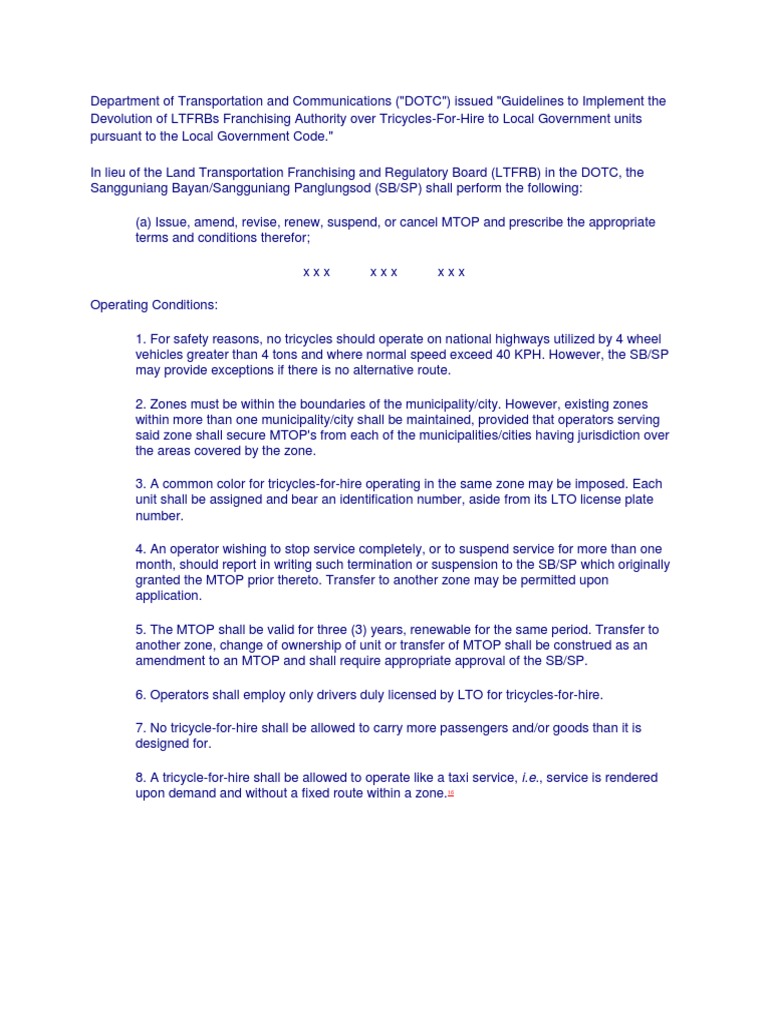 Tricycle DOTC Guidelines Devolution of Franchising | PDF