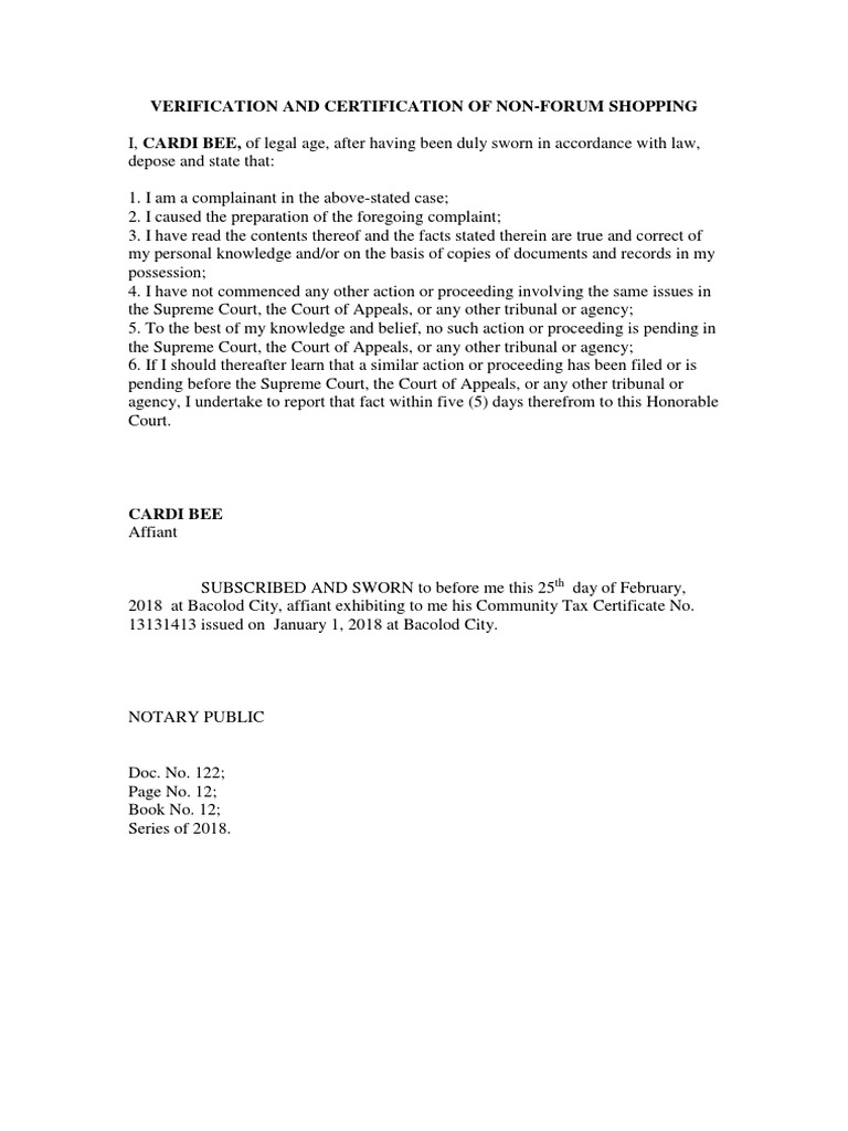 Verification and Certification of Non-Forum Shopping | PDF | Notary ...