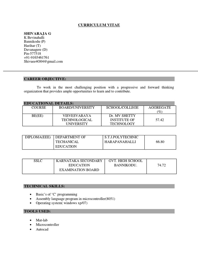 Shivaraja G's Curriculum Vitae Highlighting His Educational Qualifications, Technical Skills ...