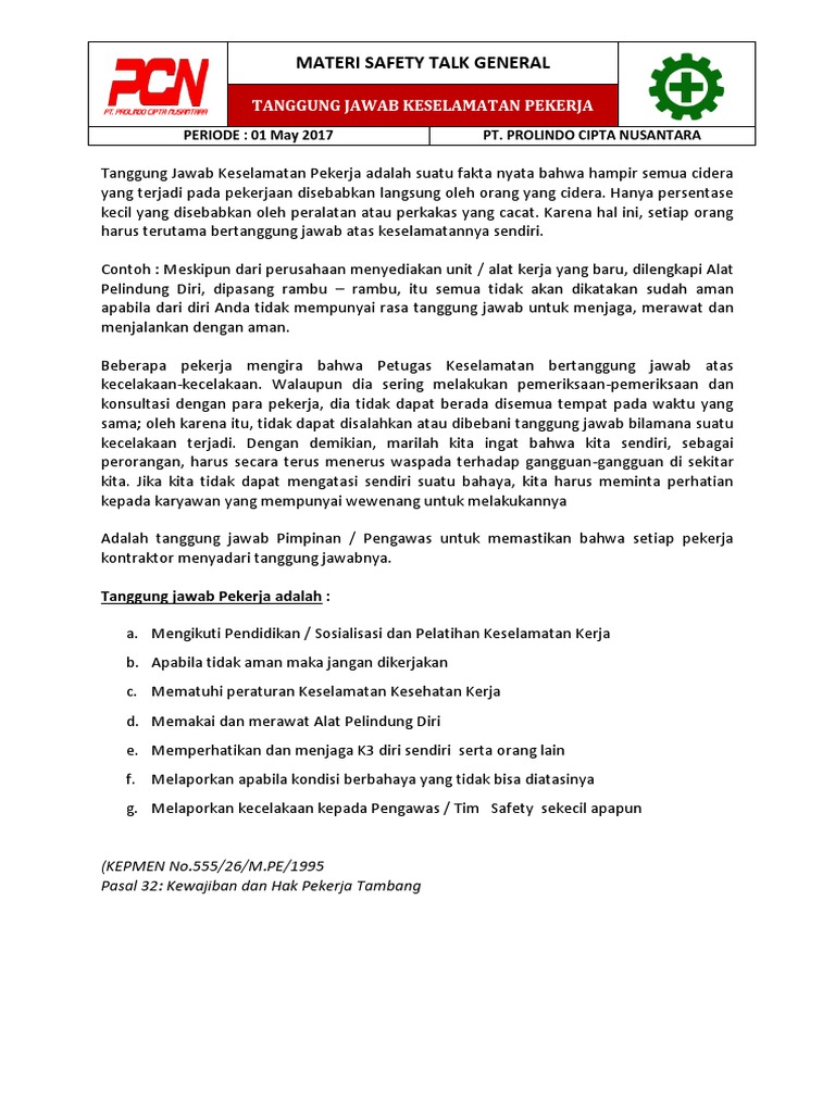 Materi Safety Talk General PT - PCN - Periode May 2017 | PDF