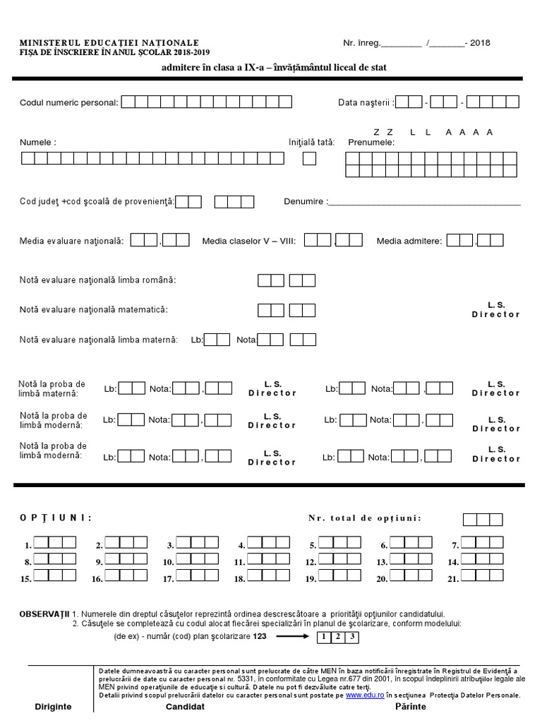 Fisa de Admitere La Liceu 2018 - Model de Fisa | PDF