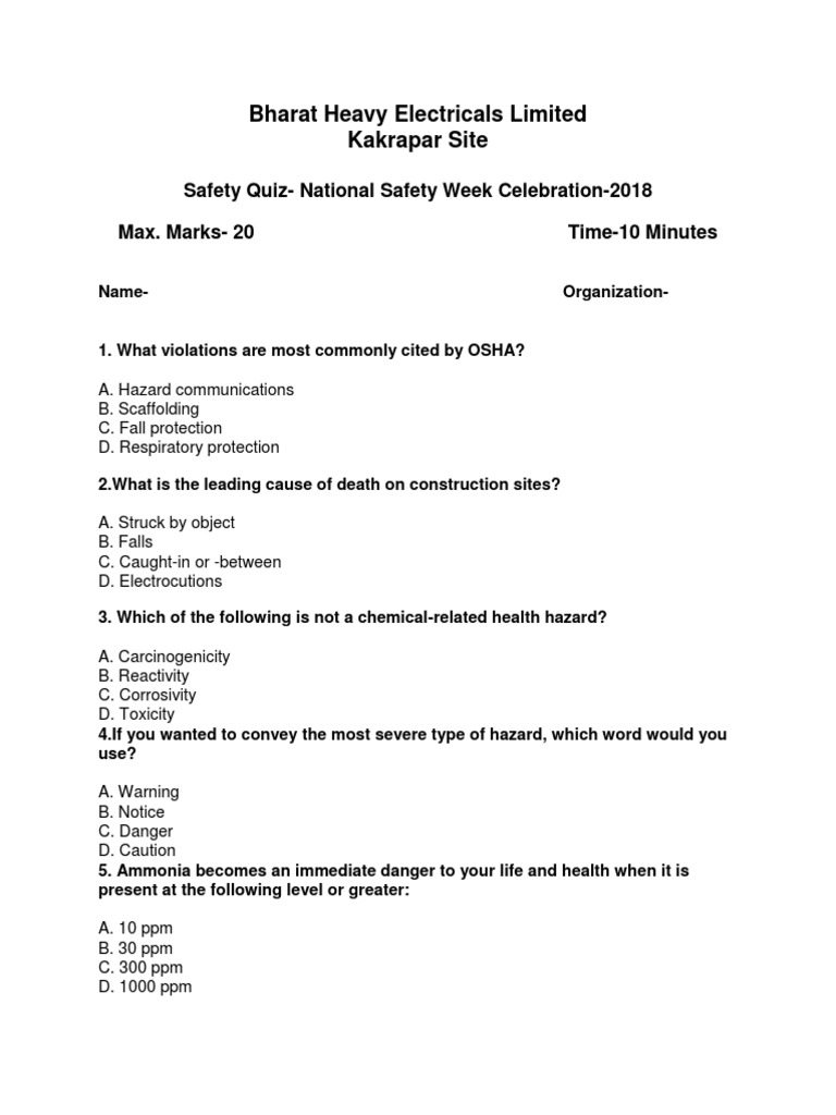 Safety Quiz Question | PDF | Occupational Safety And Health | Safety