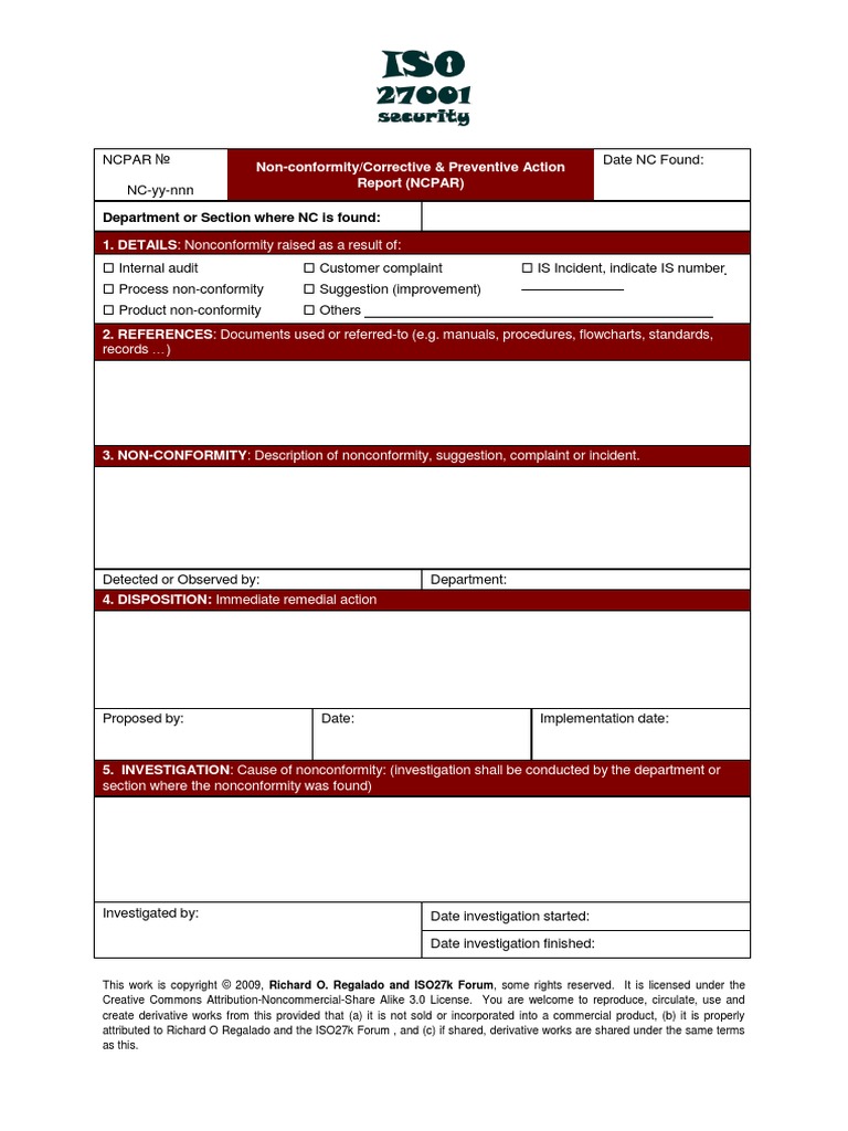 ISO27k Nonconformity Corrective Preventive Action Form | PDF ...