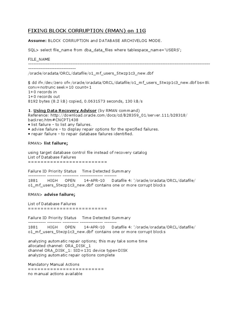 Fixing Oracle Database Block Corruption 11g Pdf Backup Oracle 8371