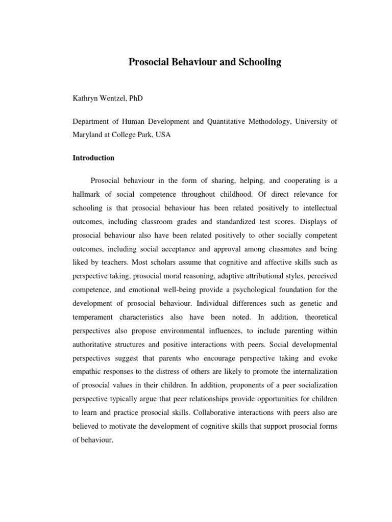 Hallmarks of Prosocial Behavior in Schools | PDF | Socialization | Teachers
