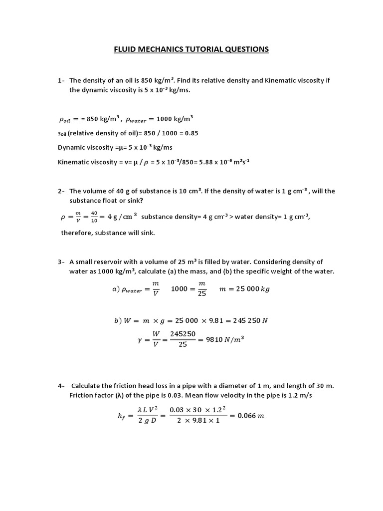 Fluid Mechanics Tutorial Questions | PDF
