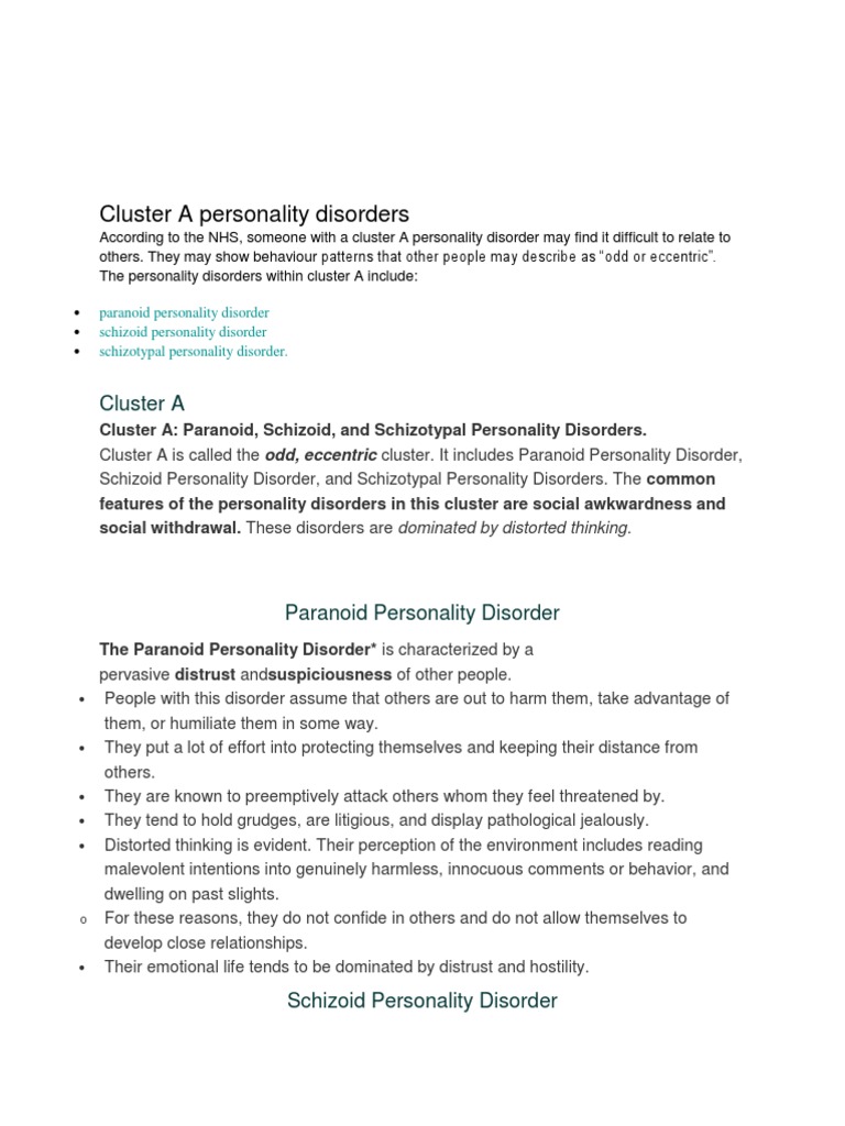 Cluster A Personality Disorders | PDF | Personality Disorder ...