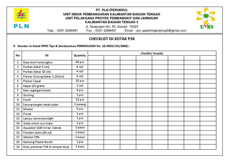 Checklist Isi Kotak p3k | PDF