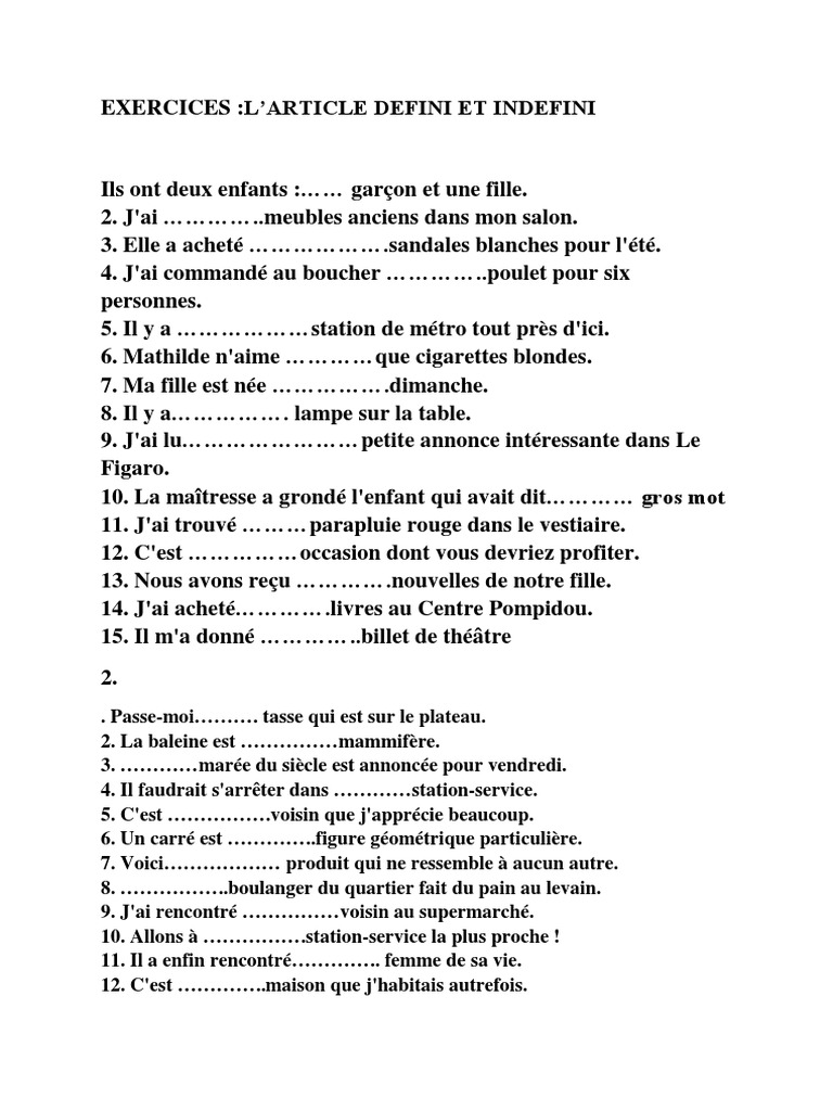 Exercices sur les articles définis et indéfinis | PDF
