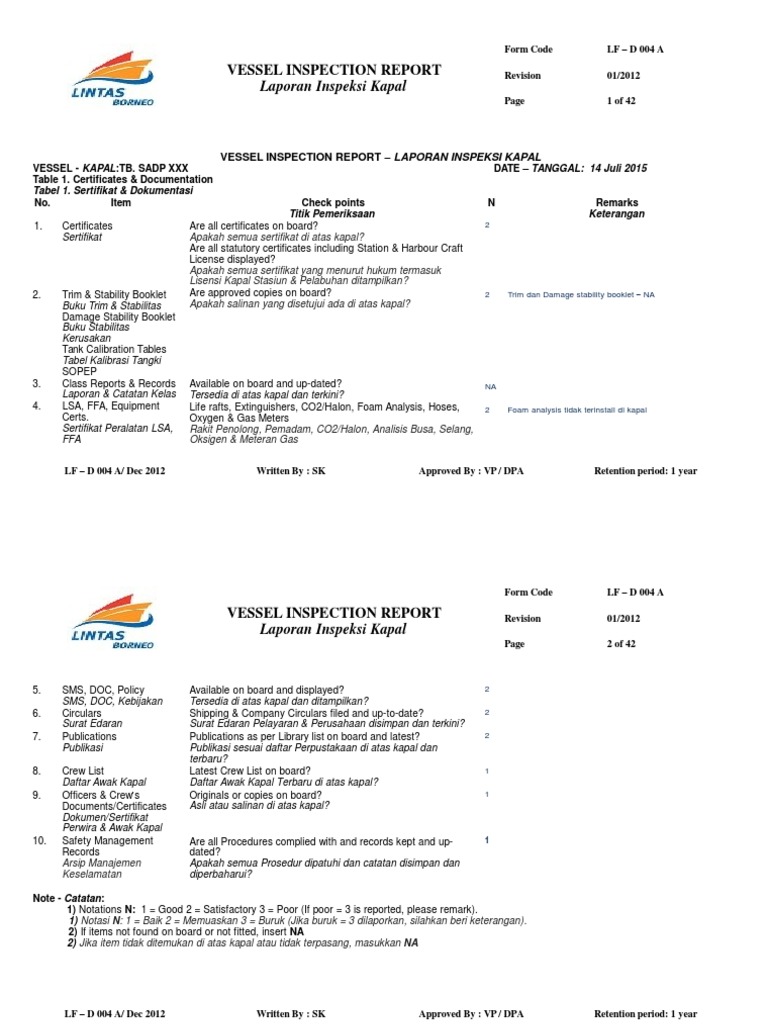 LF D 004a Laporan Inspeksi Kapal Vessel Inspection Report 2nd | PDF ...