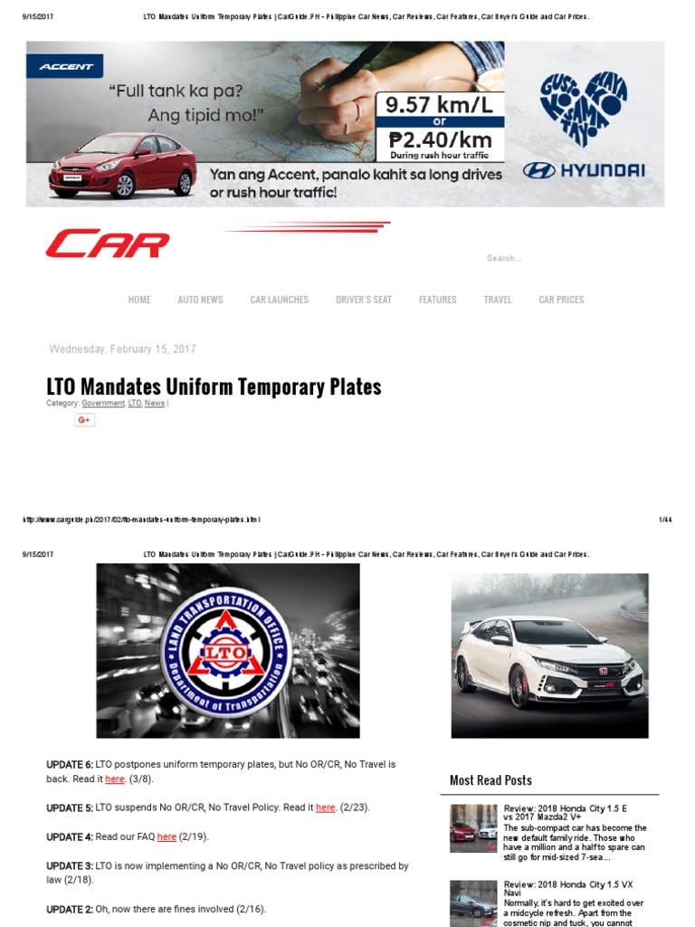 LTO Mandates Uniform Temporary Plates - CarGuide | PDF | Vehicle ...