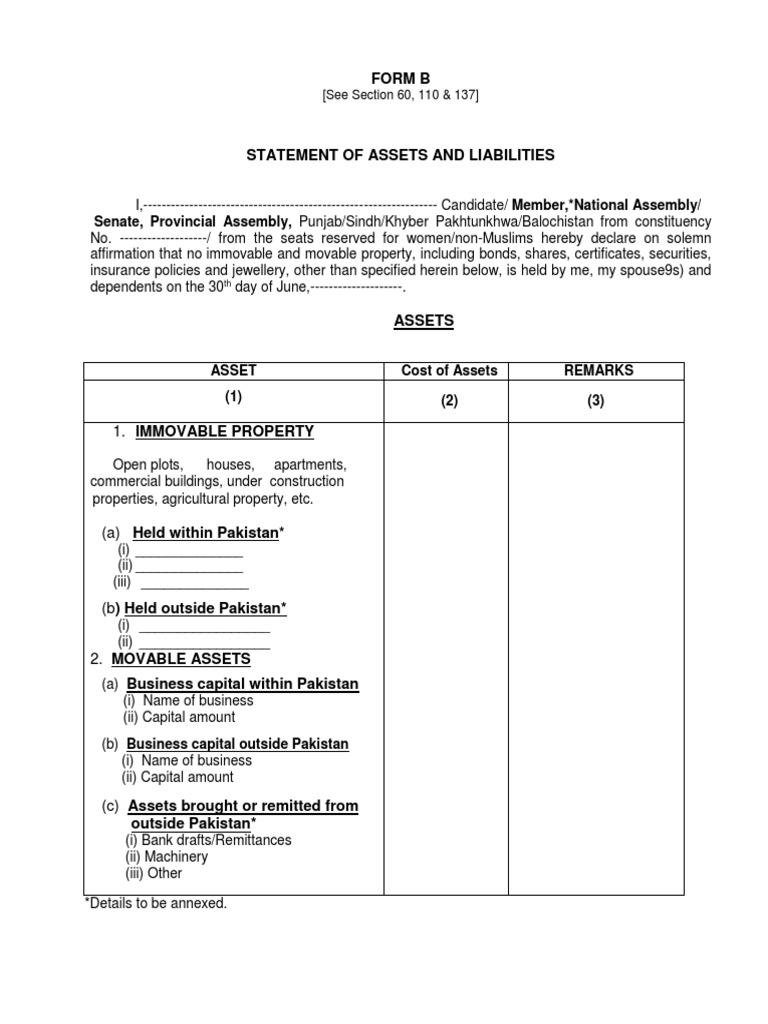 Form-B Statement of Assets and Liabilities FINAL | PDF | Loans ...