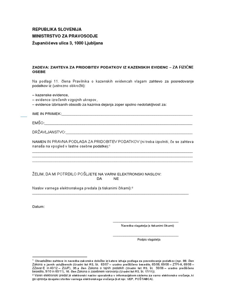 Zahtevek Za Podatke Iz Kazenske Evidence Fizicnih Oseb | PDF