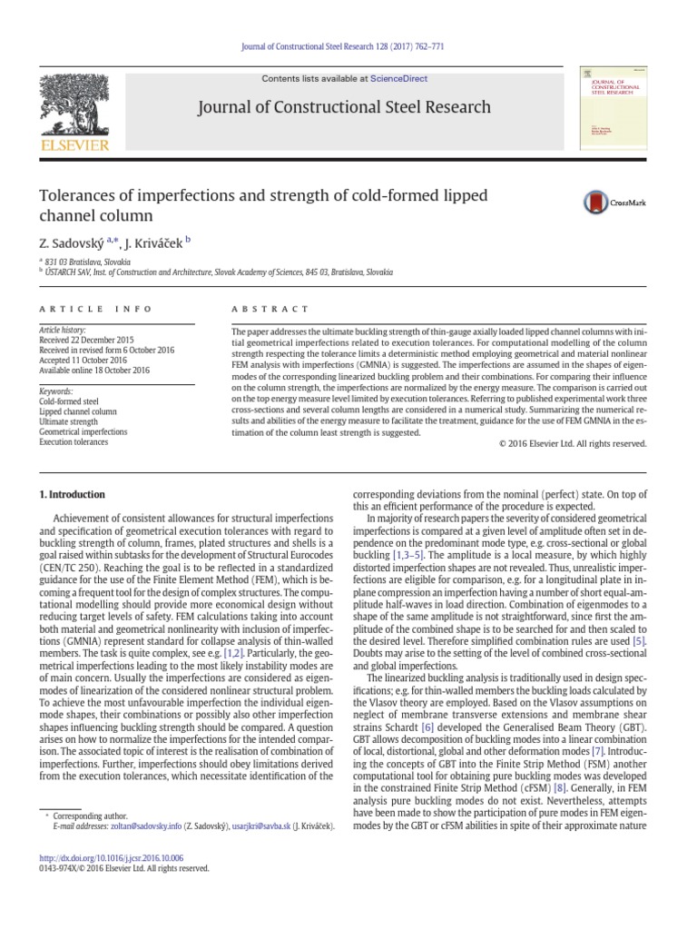 Tolerances of Imperfections and Strength of Cold-Formed Lipped Channel ...