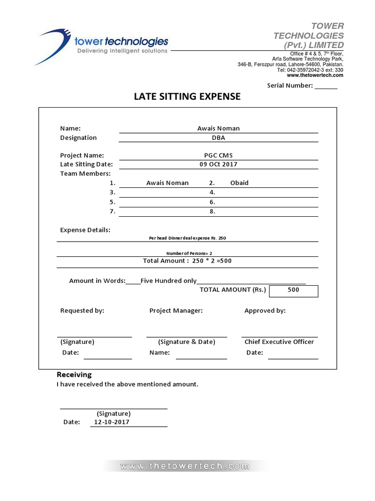 Late Sitting Expense: Tower Technologies (PVT.) LIMITED | PDF