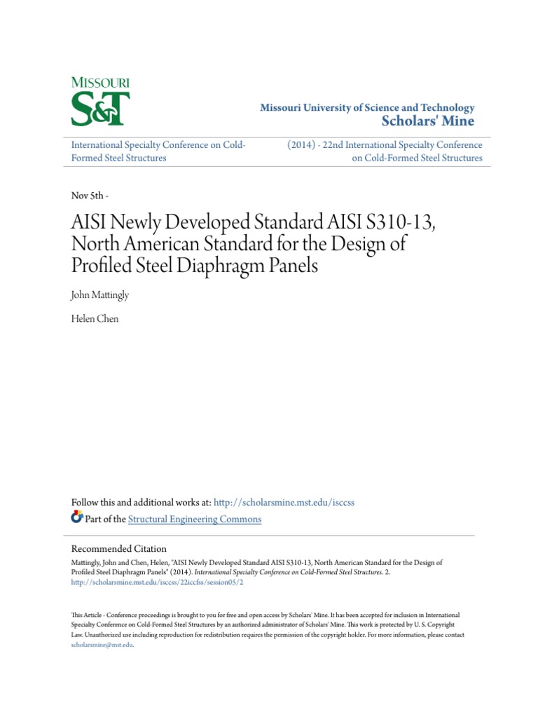 AISI Newly Developed Standard AISI S310-13 North American Standard ...