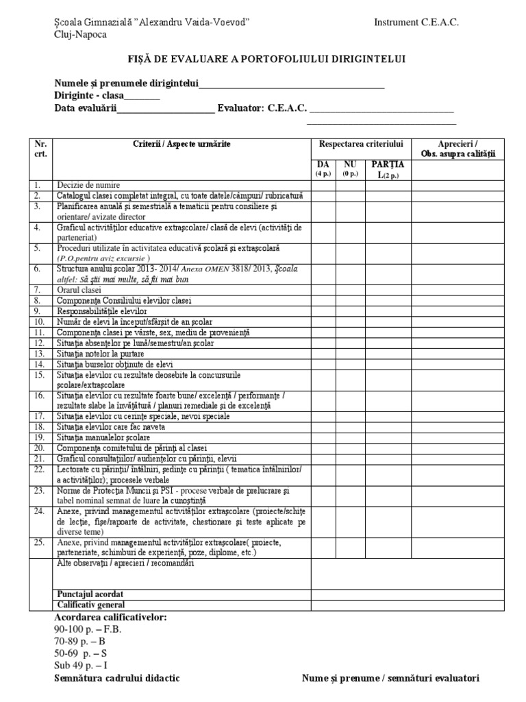 Fisa de Evaluare A Portofoliului Dirigintelui | PDF