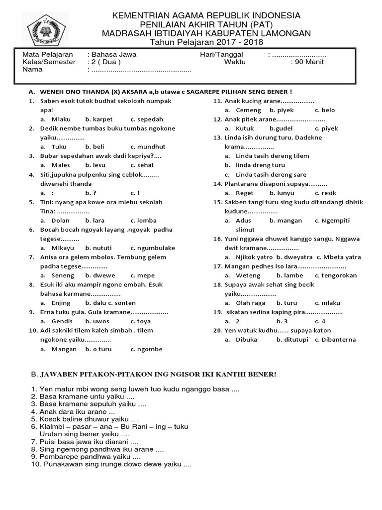 Soal Bhs Jawa Kelas 2 MI-SD | PDF