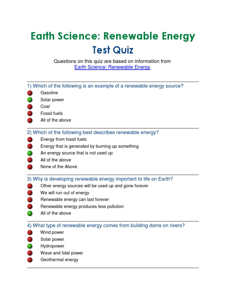Renewable Energy Quiz Questions | PDF