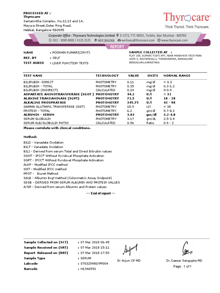 Thyrocare Liver Function Test Report | PDF | Alanine Transaminase | Liver
