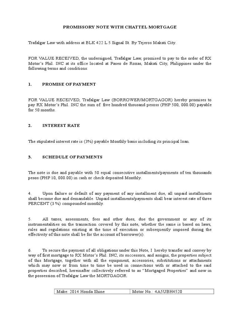 Promissory Note With Chattel Mortgage | PDF | Mortgage Law | Mortgage Loan