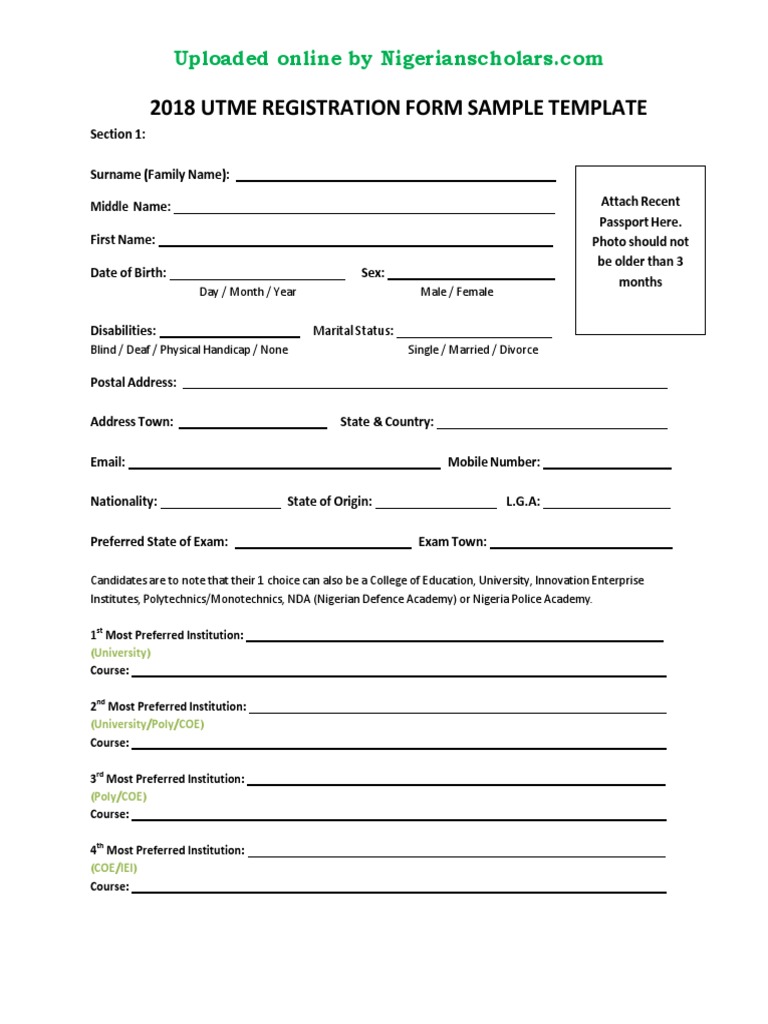 Jamb-2018 Utme Sample Registration Template-1 | PDF