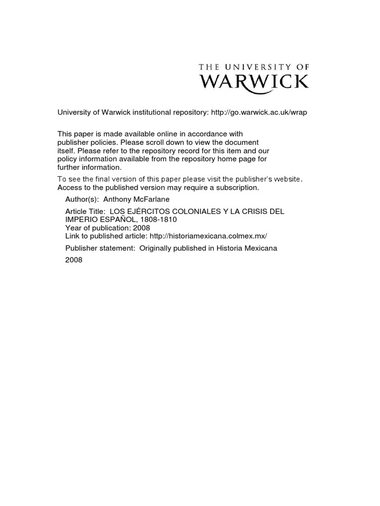 Anthony McFarlane Los Ejércitos Coloniales y La Crisis Del Imperio ...